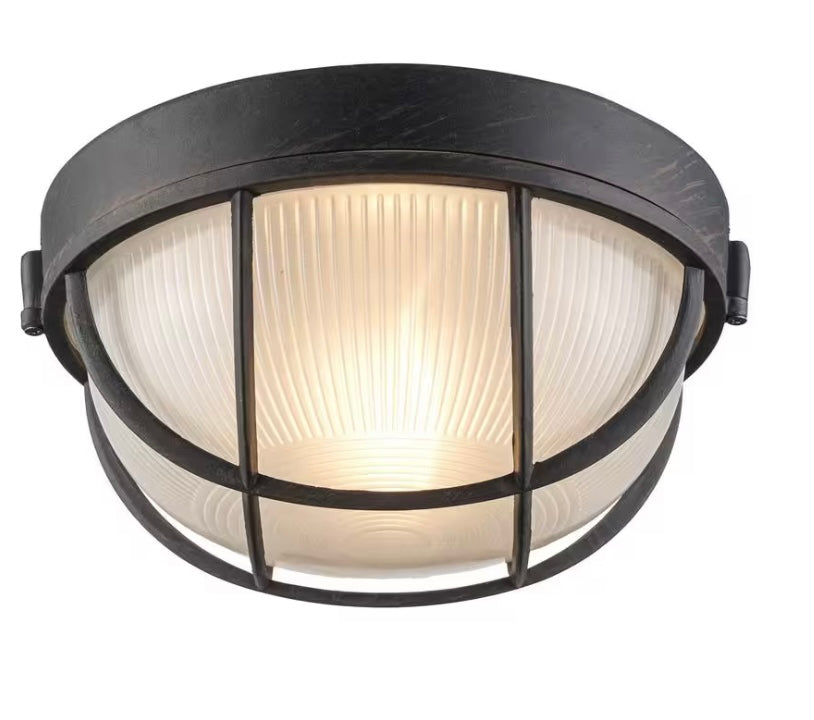 1-Light Rust Round Bulkhead Outdoor Wall Light Fixture with Frosted Gl ...